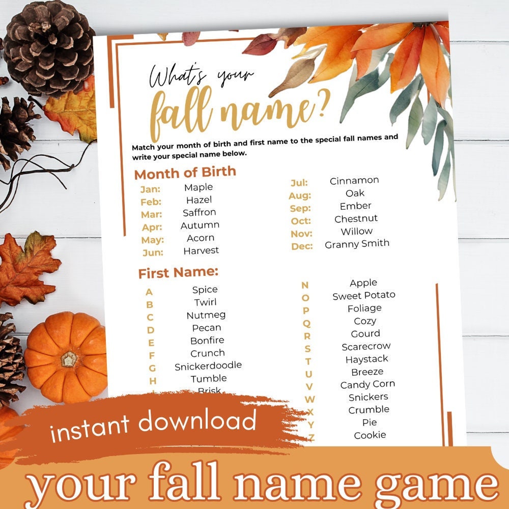 What's Your Fall Name Game Printable Funny Autumn Name Game for Adults ...