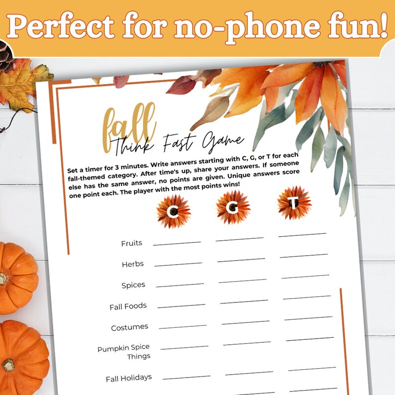 Fall Scattergories Game Printable Autumn Themed Think Fast Categories ...