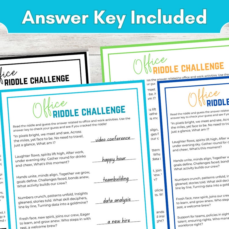 Riddle Challenge Office Party Printable Game With Answer Key Work ...