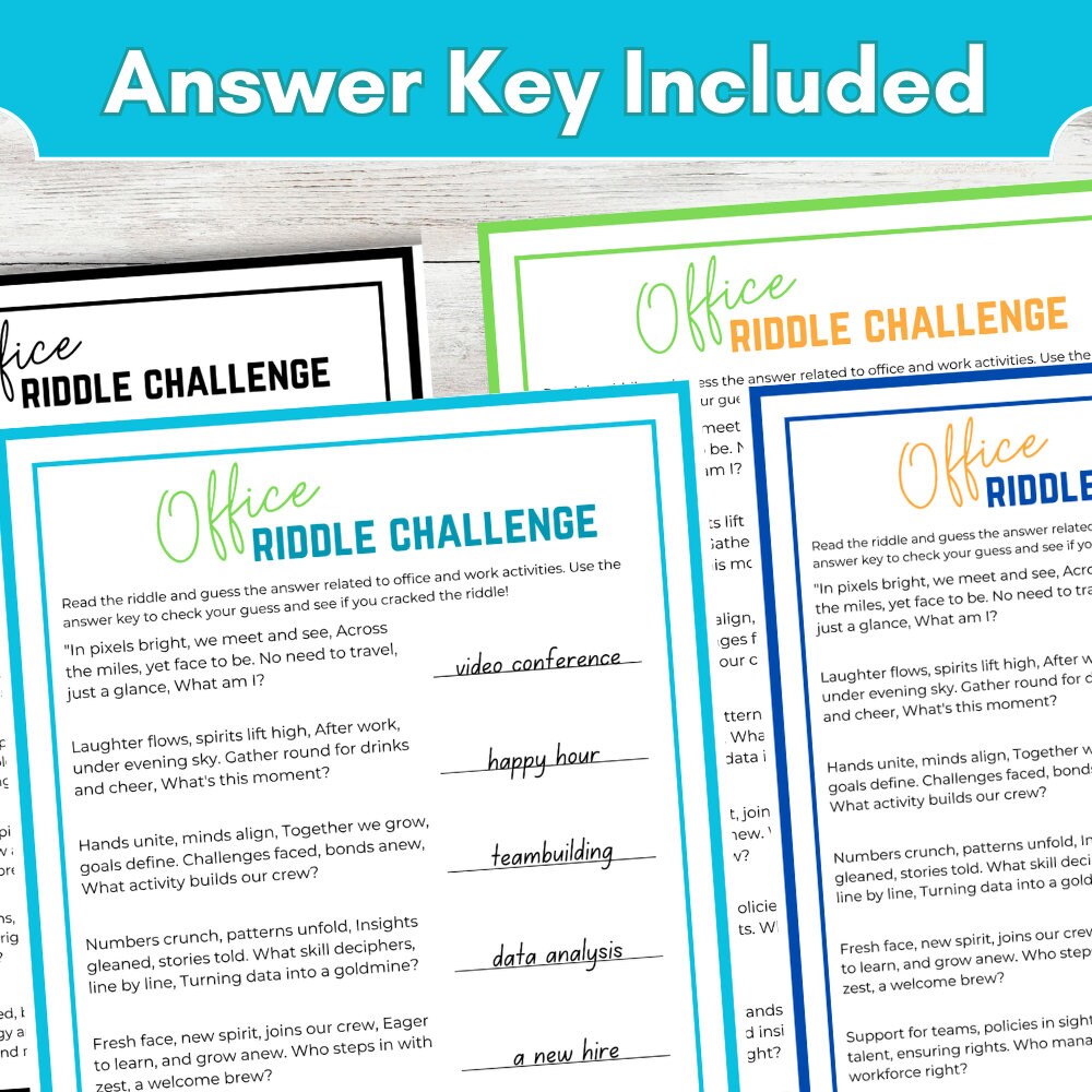 Riddle Challenge Office Party Printable Game With Answer Key Work ...