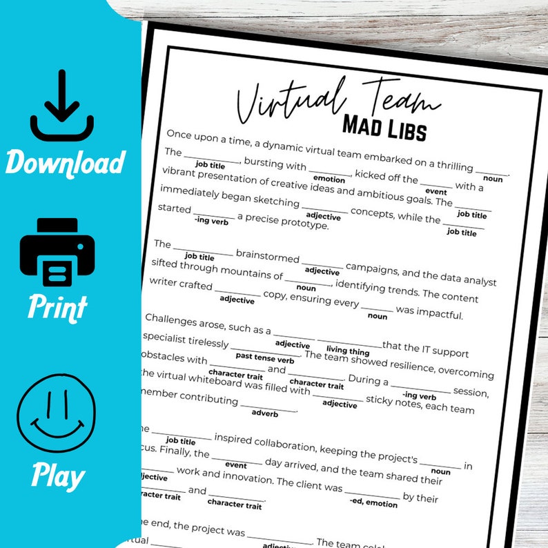 Virtual Team Mad Libs for Work Printable | Virtual Teams Happy Hour ...