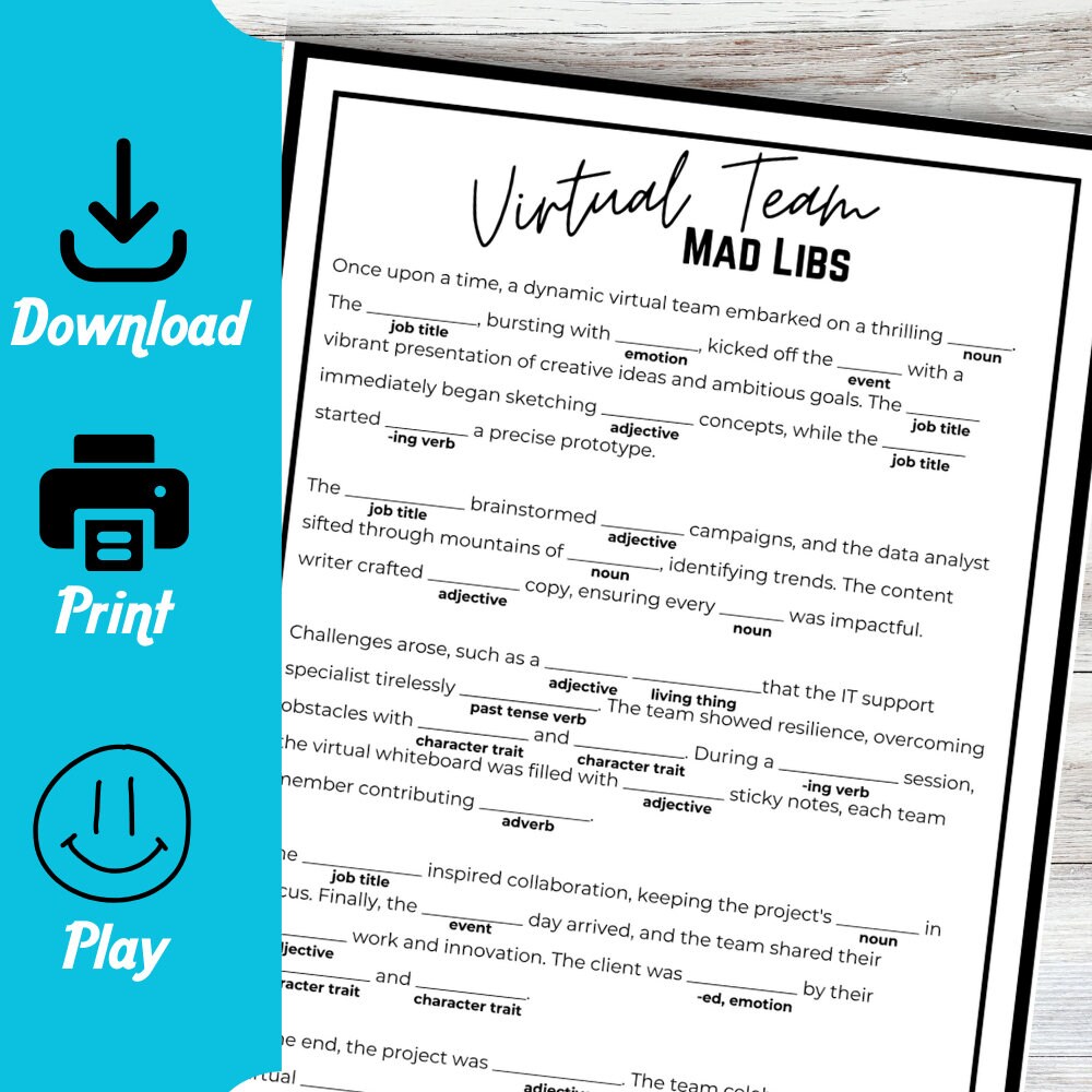 Virtual Team Mad Libs for Work Printable | Virtual Teams Happy Hour ...
