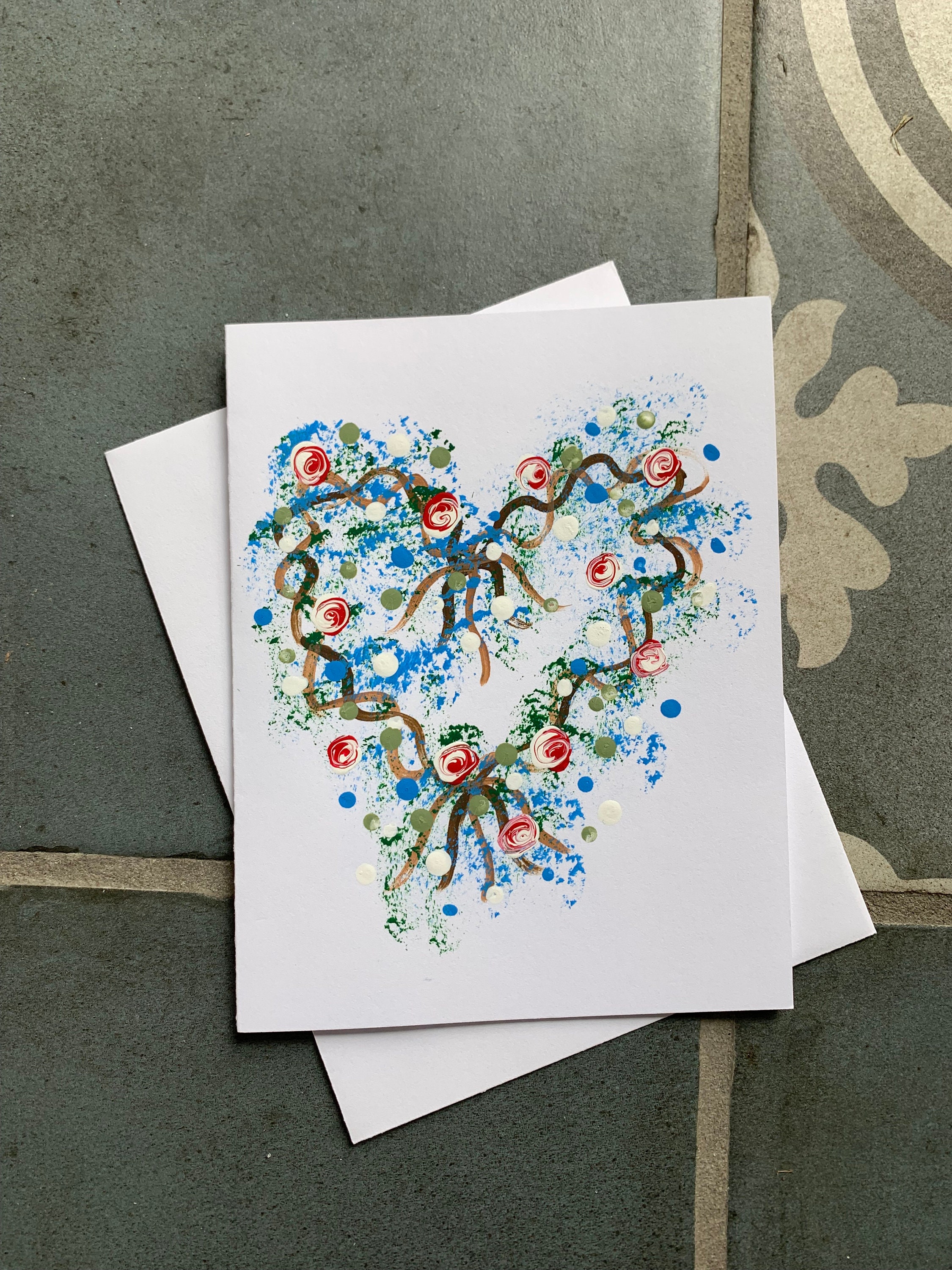 Hand Painted Blue Heart Wreath, Red and White Rose Buds, Blank Inside ...
