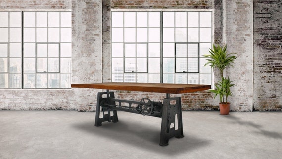 Industrial Dining Table Cast Iron Base Adjustable Height Rustic Natural Etsy