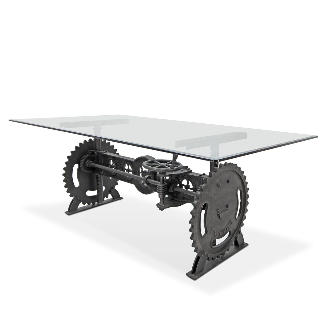 Steampunk Adjustable Dining Table - Iron Crank Base - Glass Top - Etsy