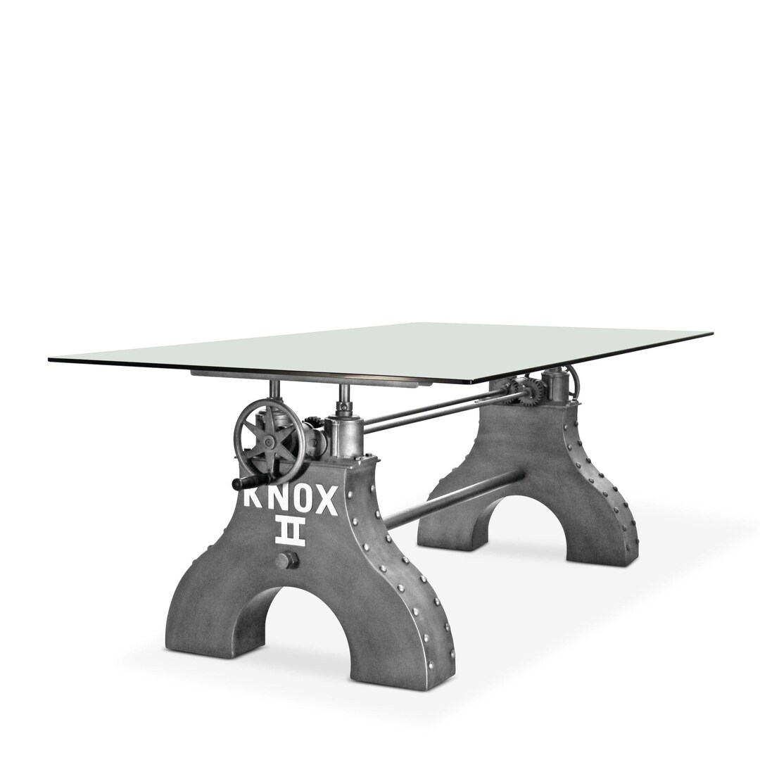 KNOX II Adjustable Dining Table Industrial Iron Base Elegant Glass Top ...