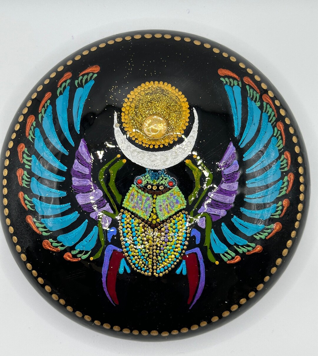 EXTRA LARGE Egyptian Scarab Mandala Stone Hand Painted Blue Colors ...