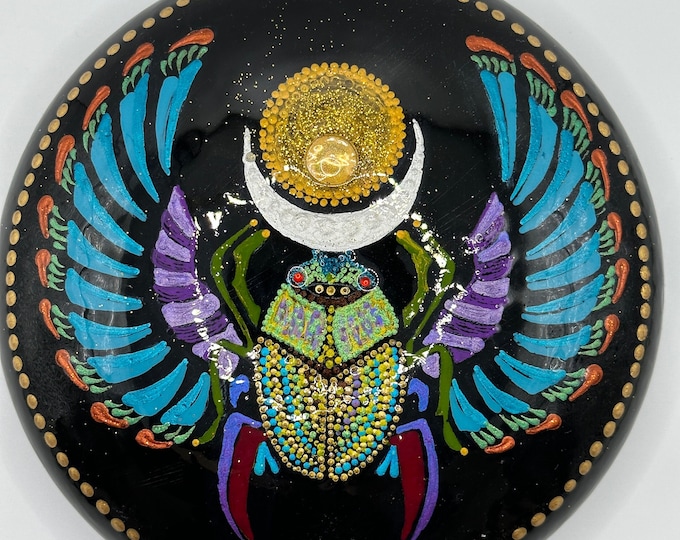 EXTRA LARGE Egyptian Scarab Mandala Stone Hand Painted Blue Colors ...