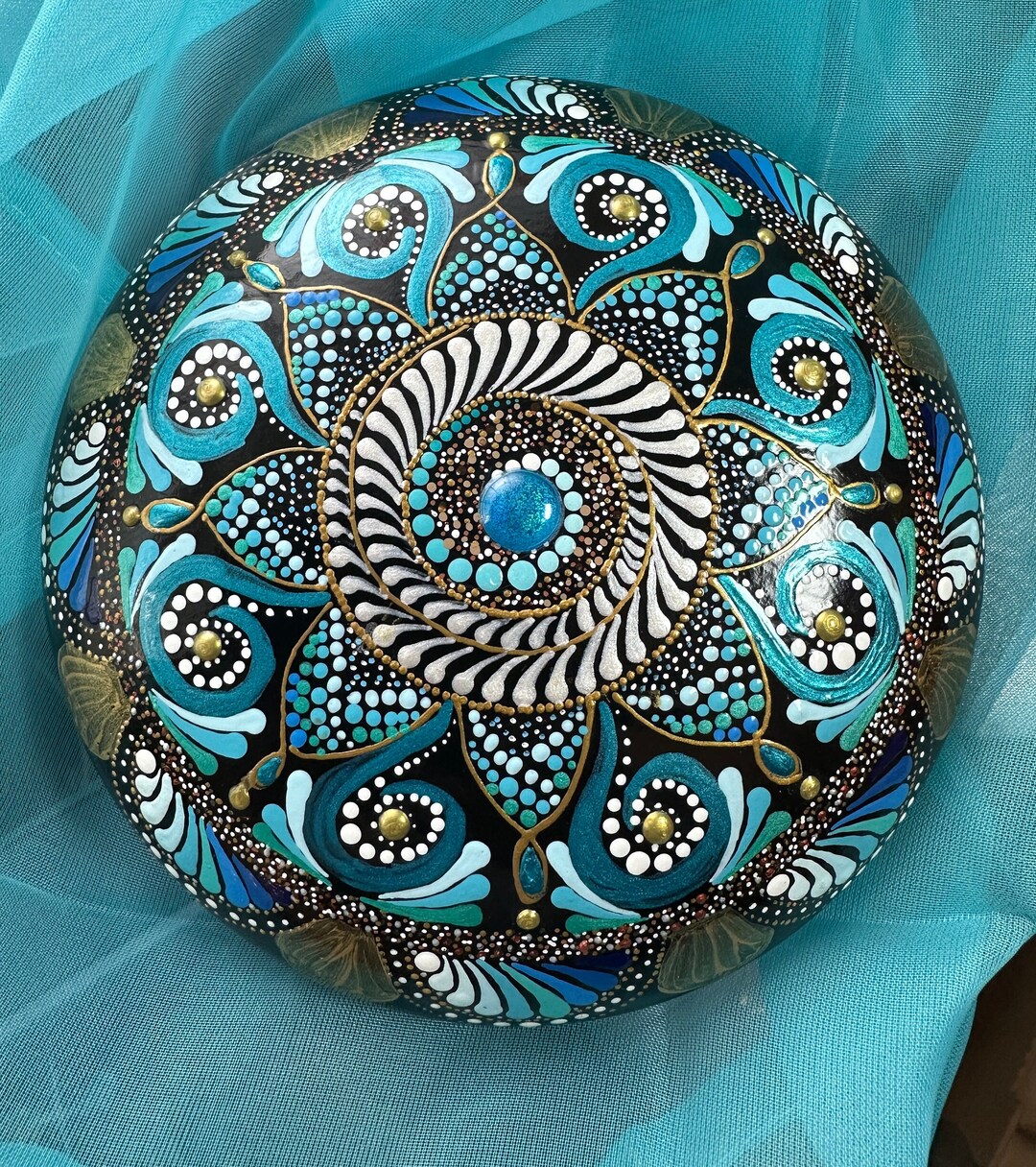 LARGE Painted Rock Mandala Stone Hand Painted Dot Art Blue Colors ...