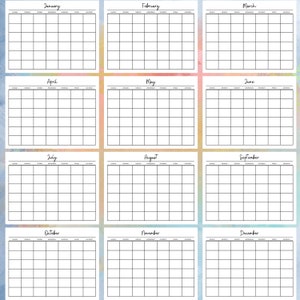 Printable Blank Monthly Calendar - Sunday Start - January to December ...