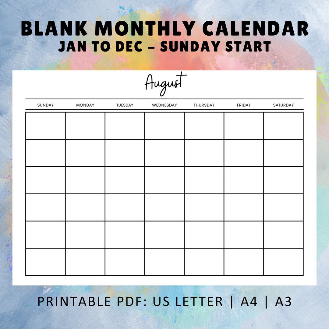Printable Blank Monthly Calendar - Sunday Start - January to December ...