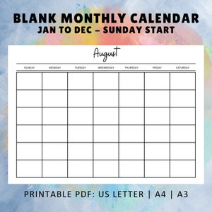 Printable Blank Monthly Calendar - Sunday Start - January to December ...