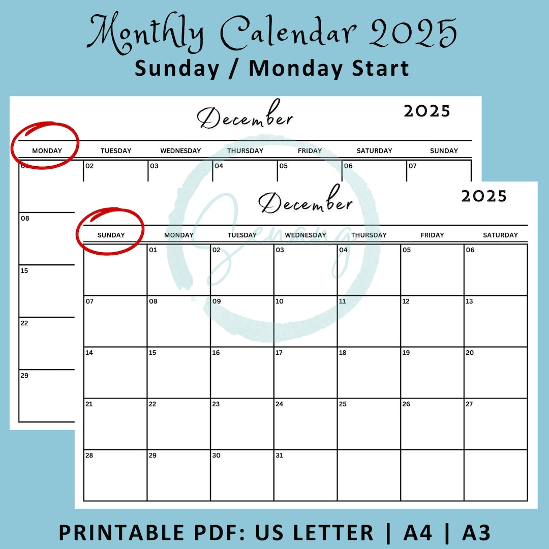 Printable Calendar 2025 Sunday & Monday Start January to December ...