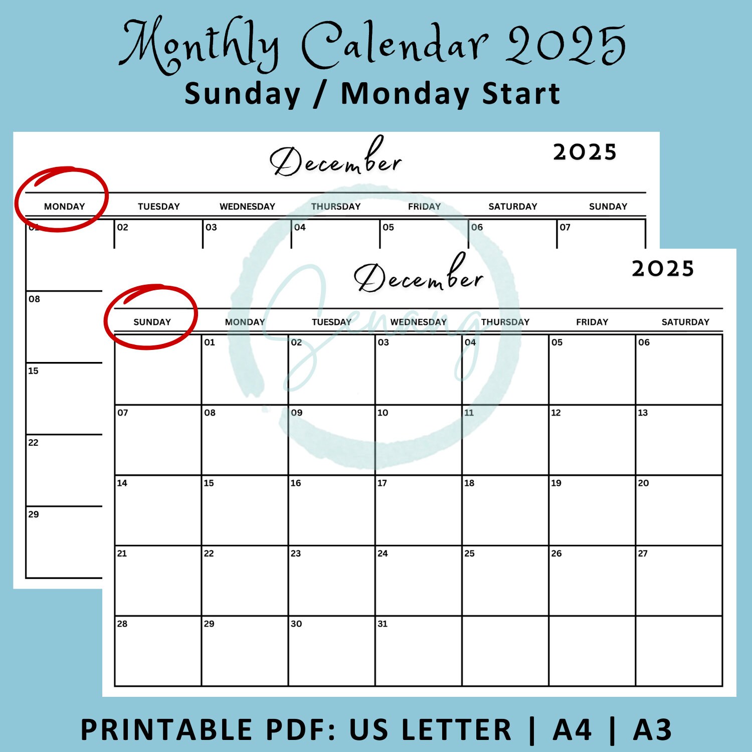 Printable Calendar 2025 Sunday & Monday Start January to December ...