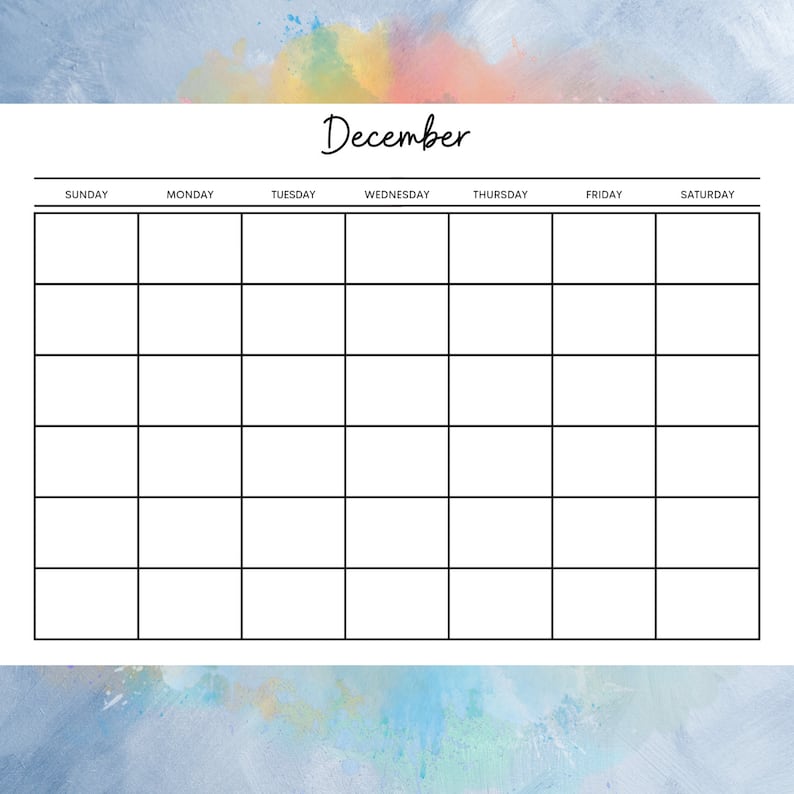 Printable Blank Monthly Calendar - Sunday Start - January to December ...
