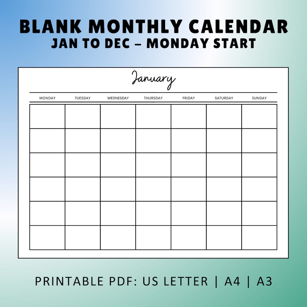 Printable Blank Monthly Calendar Monday Start January to December ...