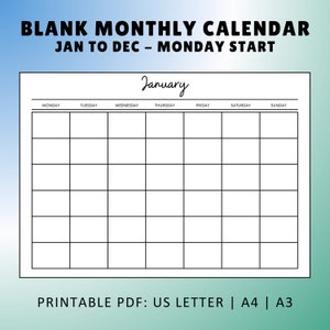 Printable Blank Monthly Calendar Monday Start January to December ...