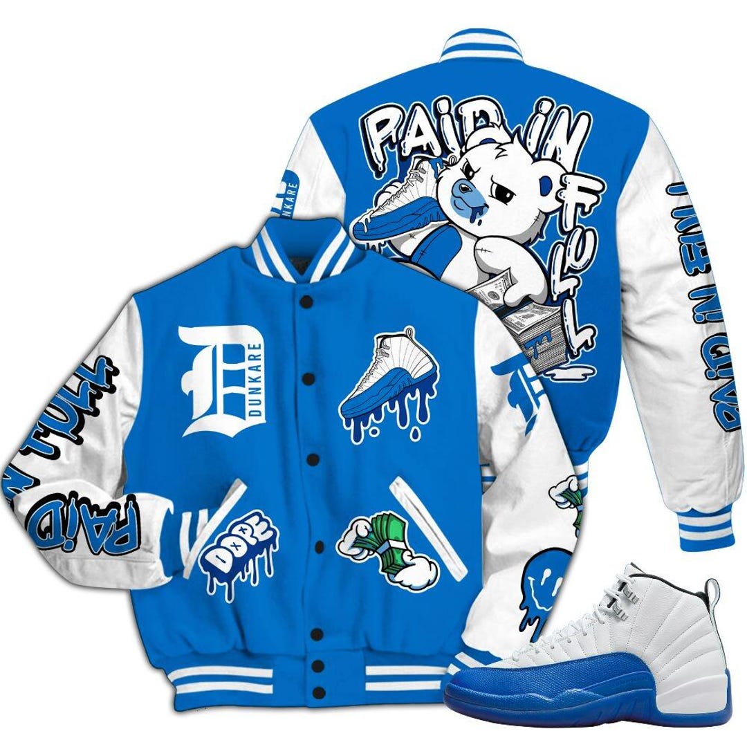 Blueberry 12s Varsity Jacket - Drip Paid in Full Moneys Bear Graphics ...