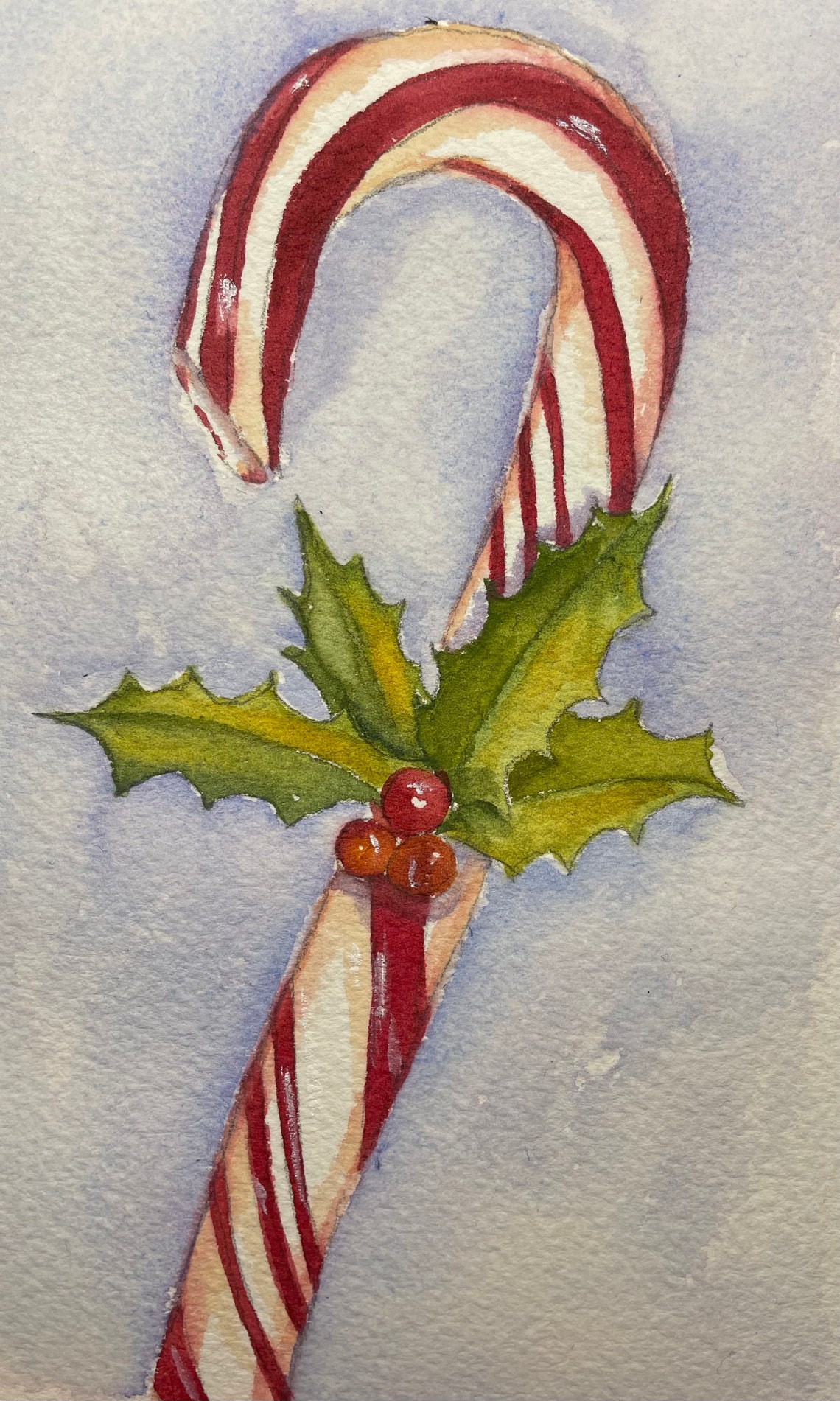 Original Watercolor Candycane Painting Christmas Art Holly Painting ...
