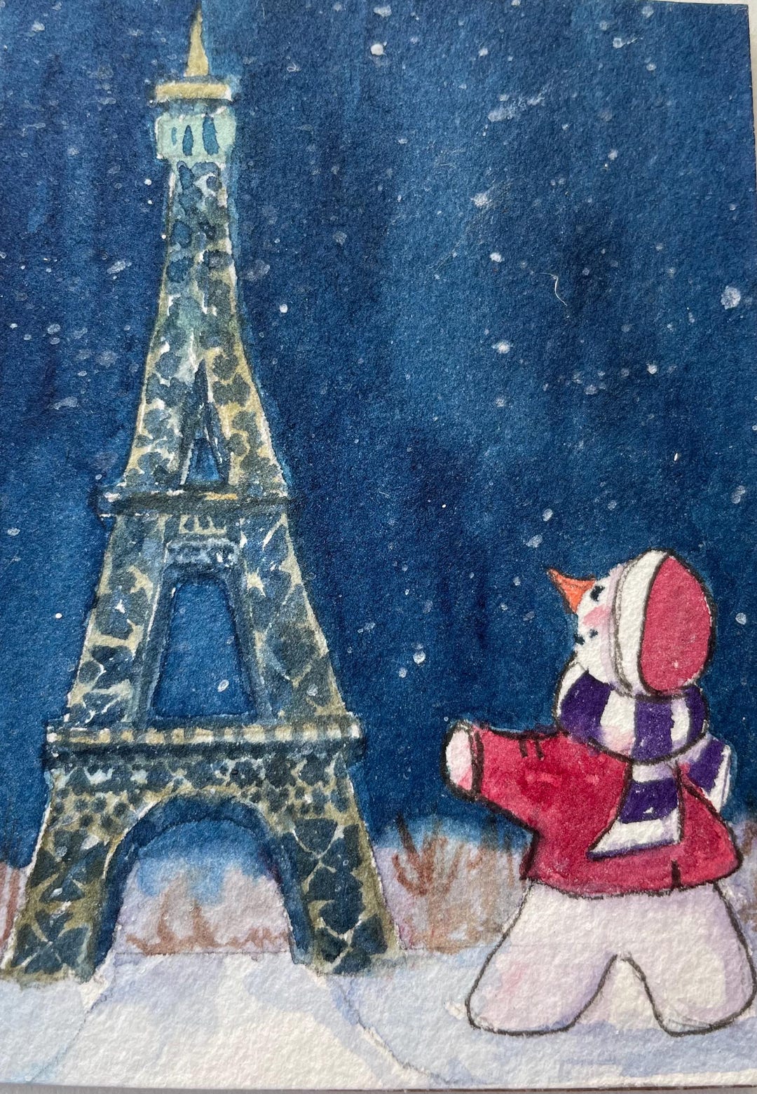 Snowman in Paris Watercolor Painting: Eiffel Tower Art Card - Etsy