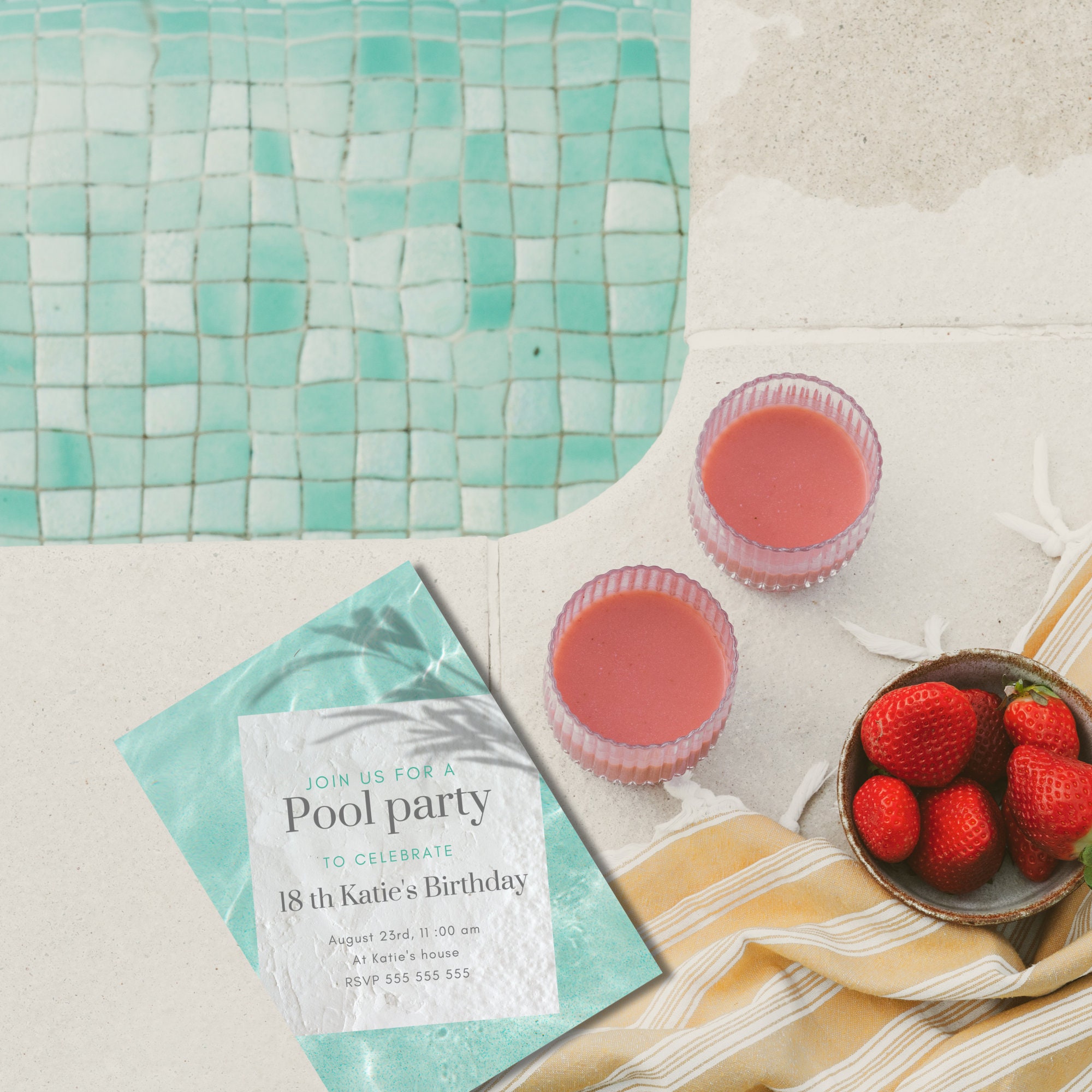 Minimalist Aqua Sea-green Pool Party Invitation,elegant Printable Light ...