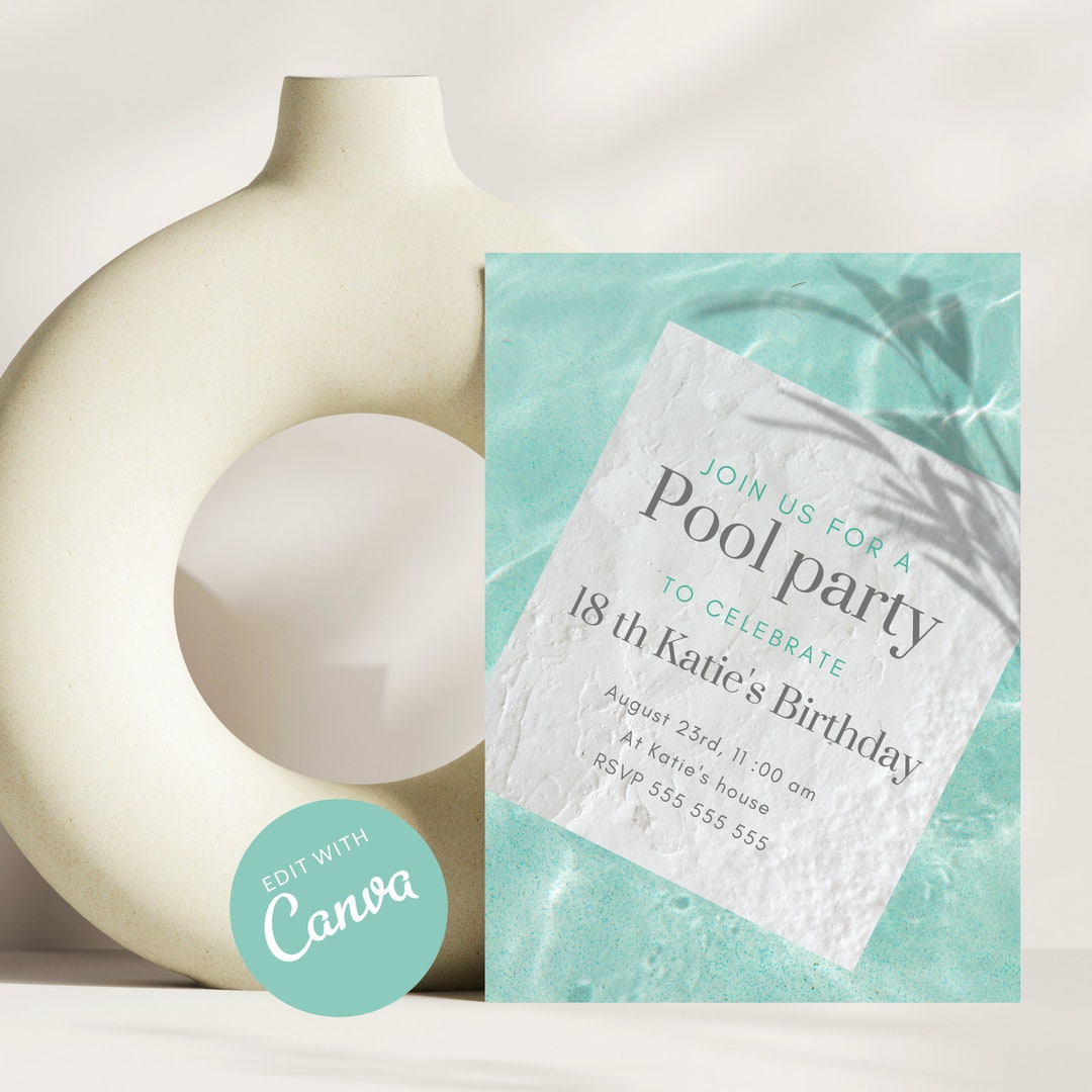Minimalist Aqua Sea-green Pool Party Invitation,elegant Printable Light ...