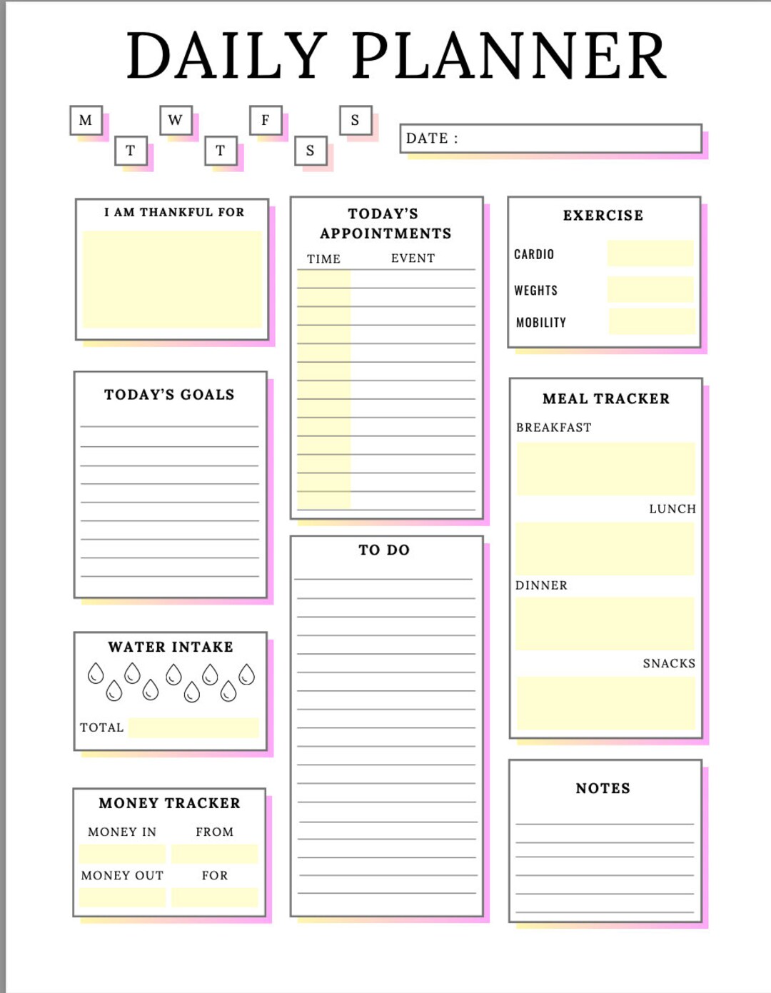 Pink and Yellow Daily Planner - Etsy