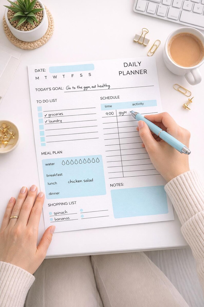Simple Modern Blue Daily Planner With Hourly Schedule, Meal Plan and ...
