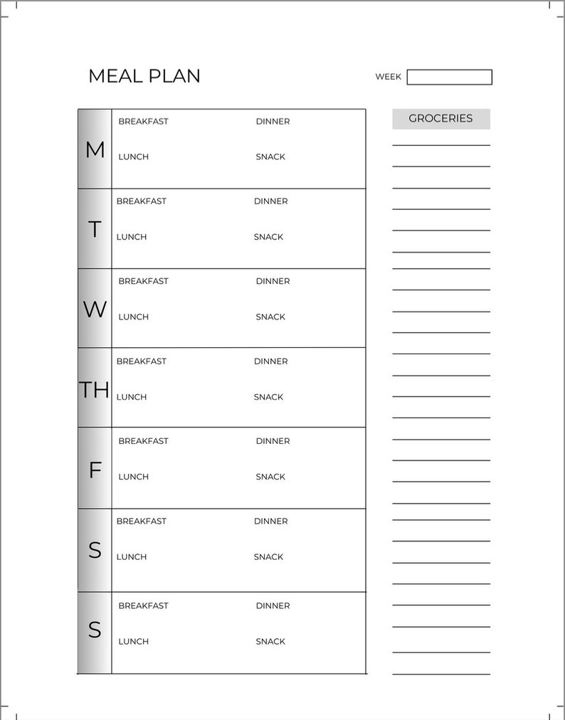 Weekly Meal Plan: Black and White - Etsy