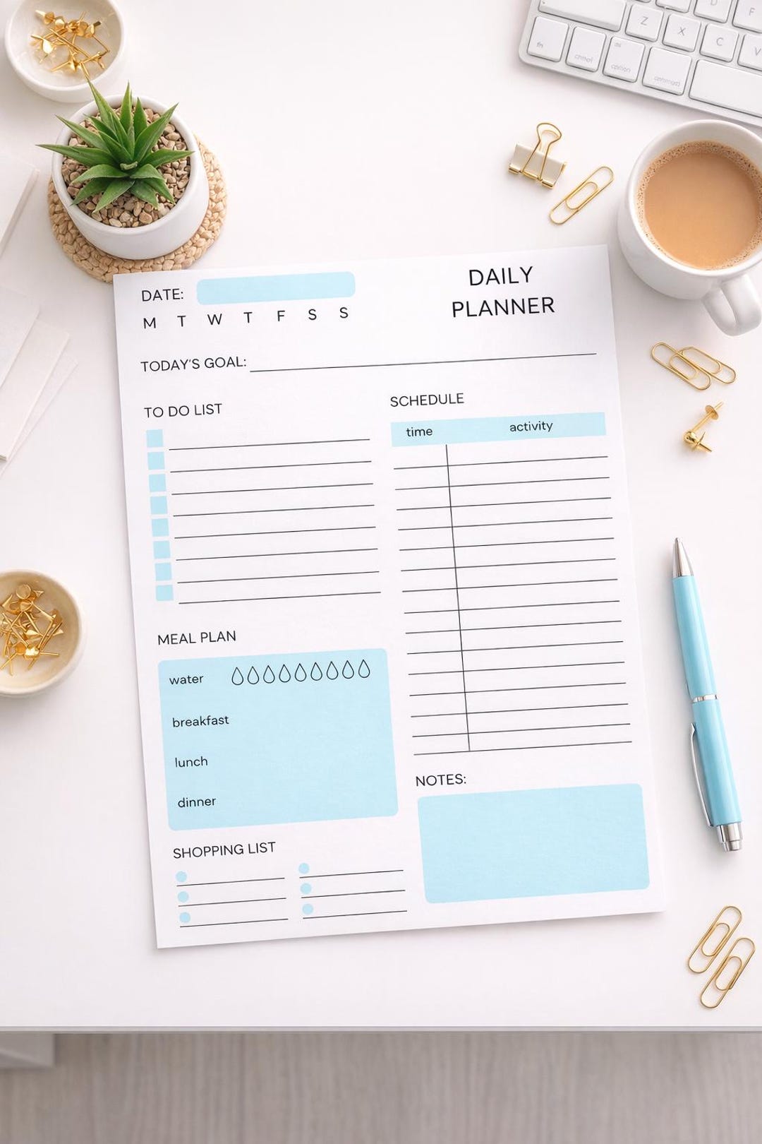 Simple Modern Blue Daily Planner With Hourly Schedule, Meal Plan and ...