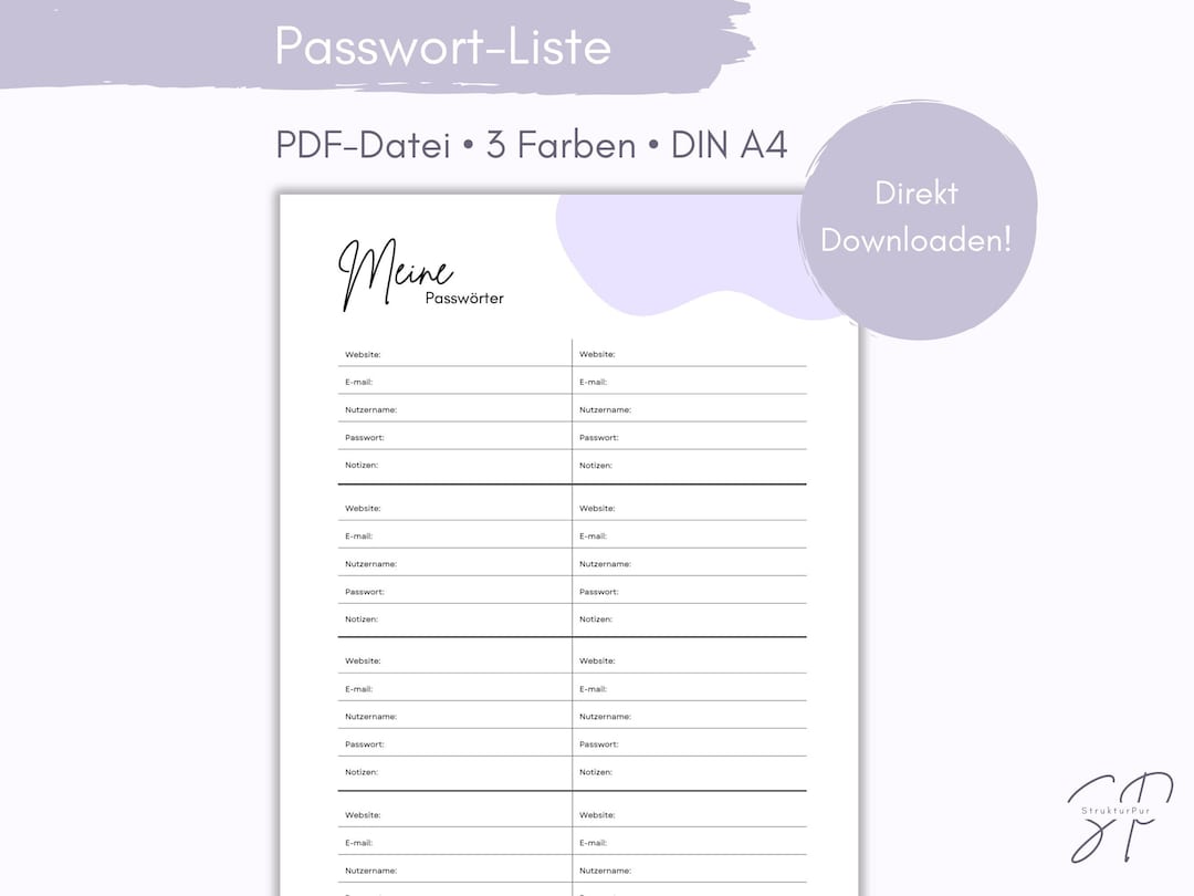 Passwords List Printable Instant Download PDF A4 German - Etsy