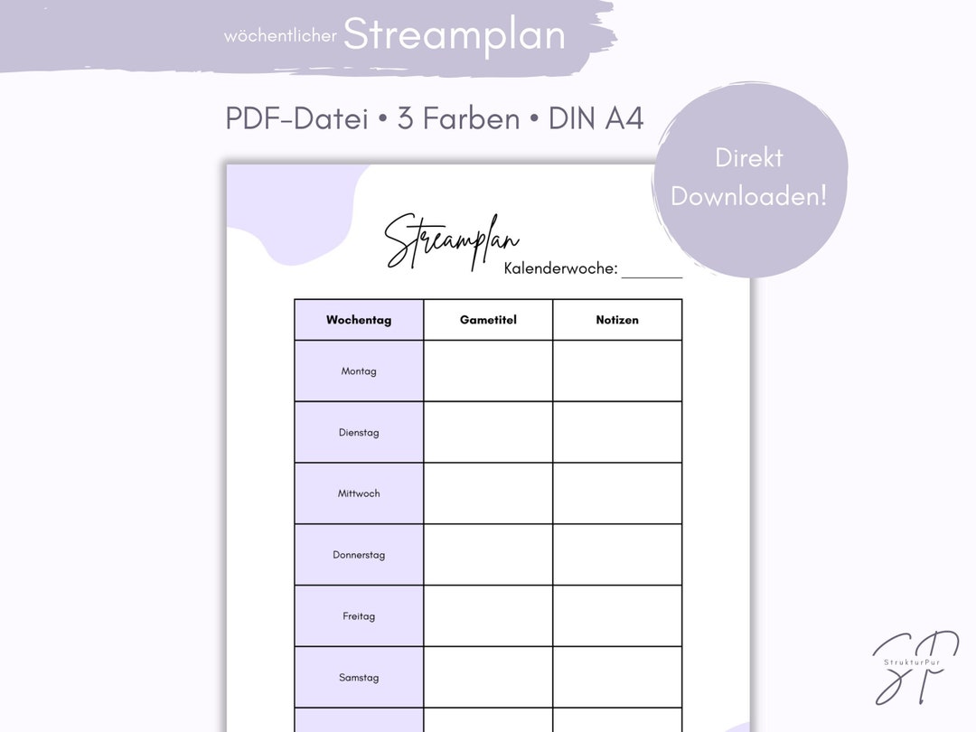 Weekly Stream Plan Printable Instant Download PDF A4 German - Etsy