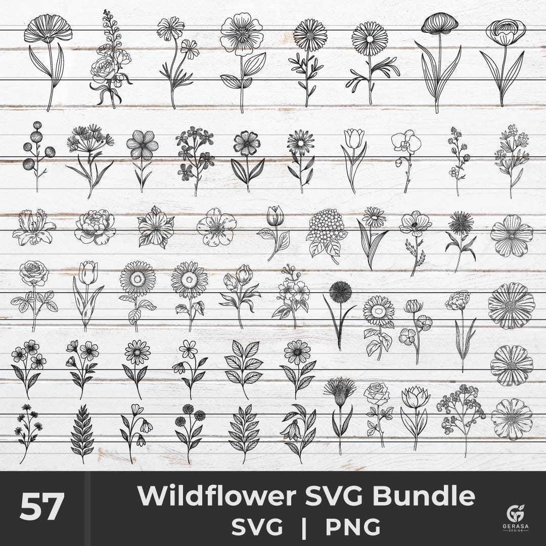 Wildflower SVG Bundle: 57 Botanical Flower Clipart (SVG, PNG) - Etsy