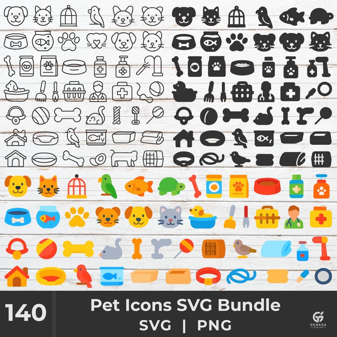 Pet Icons SVG Bundle: Dog, Cat, Vet, Grooming (outline, Flat & Bold ...