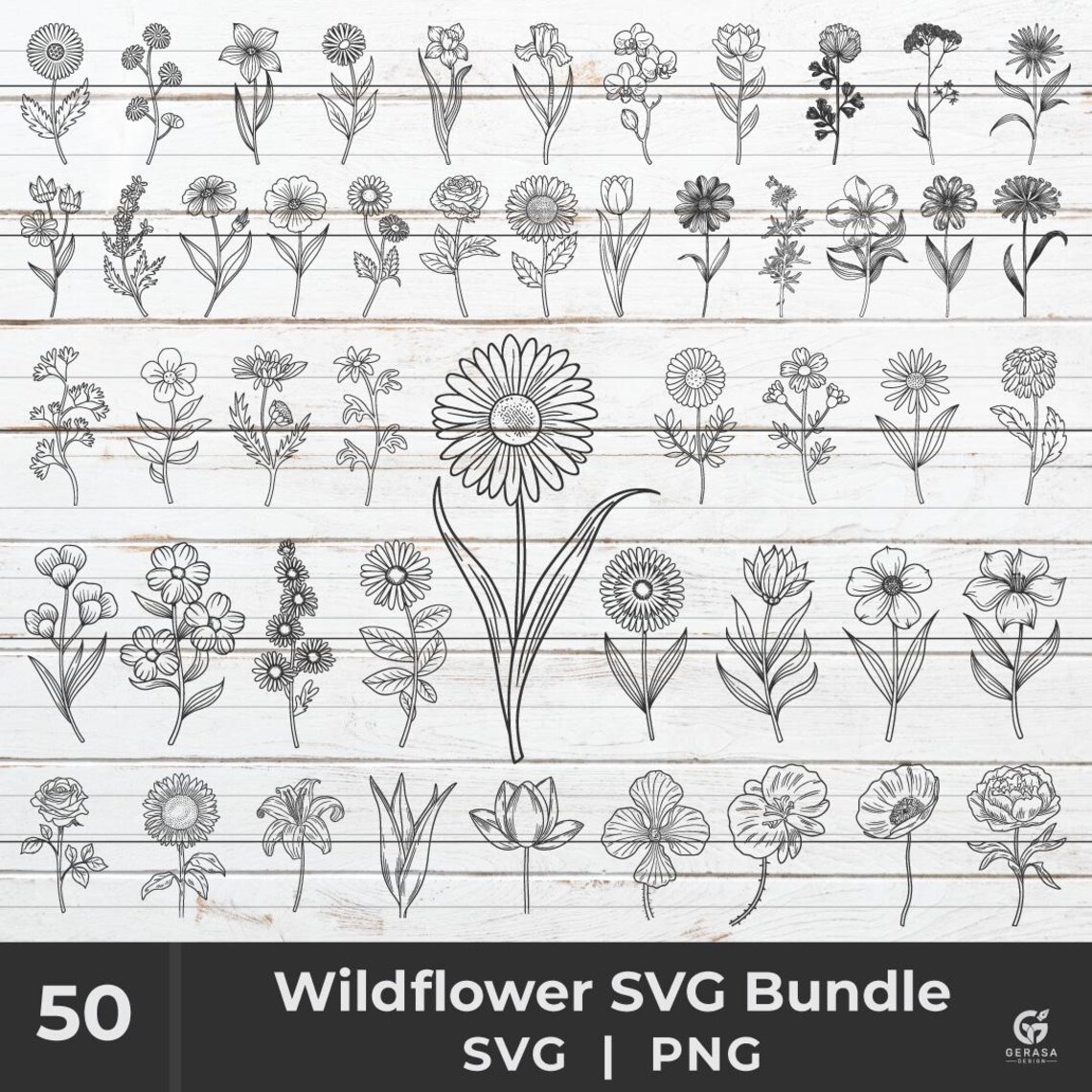 50 Wildflower SVG Bundle, Floral Svg, Botanical Svg, Flower SVG, Flower ...