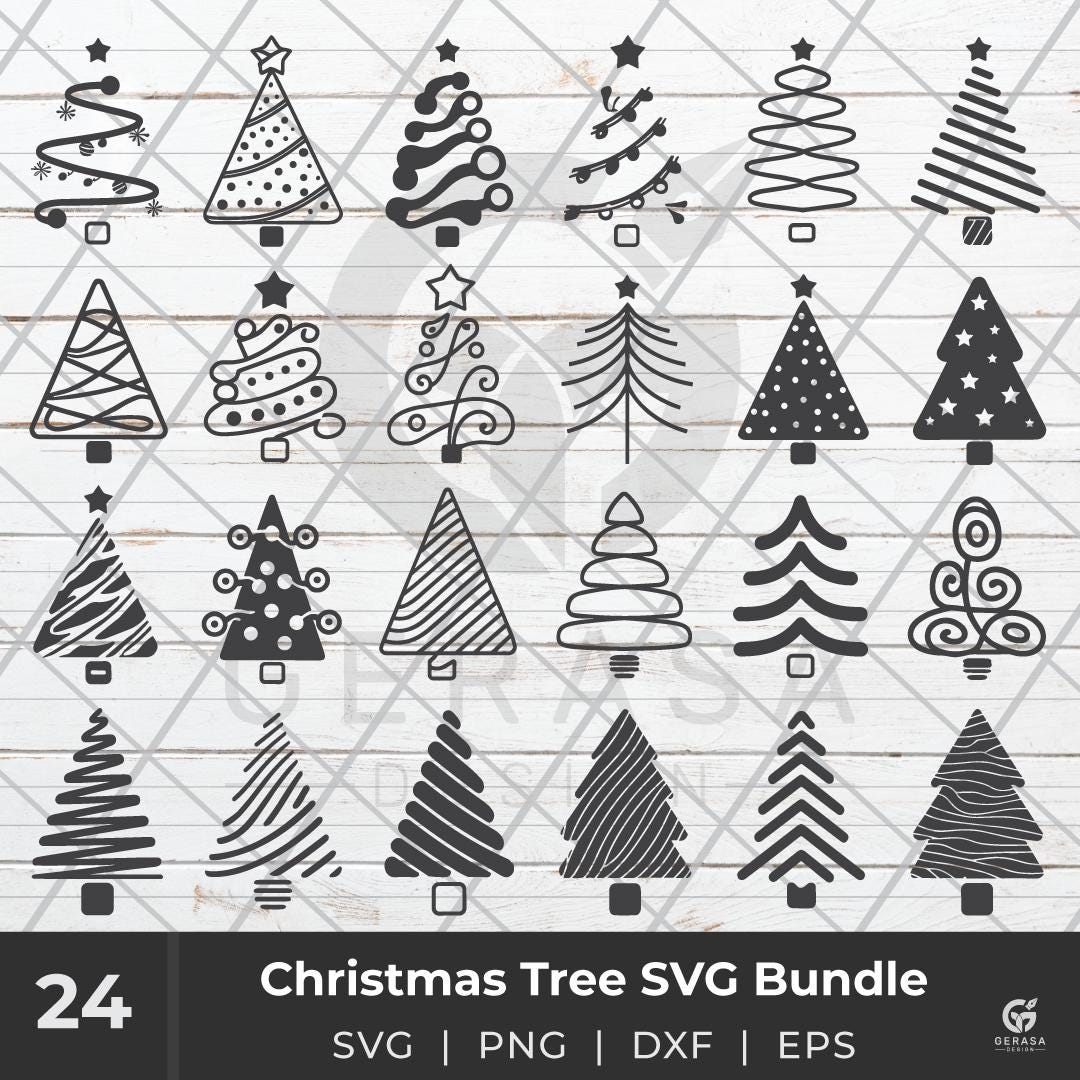 Christmas Tree SVG Bundle: 24 Black Silhouette Designs (digital ...