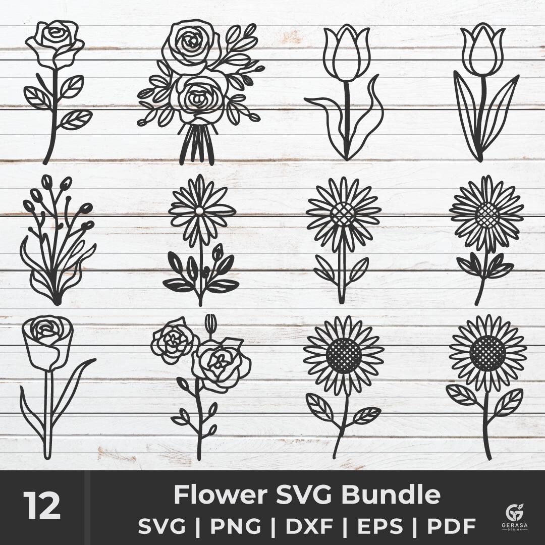 Flower SVG Bundle | Rose Botanical Line Art Clipart | Floral Outline ...
