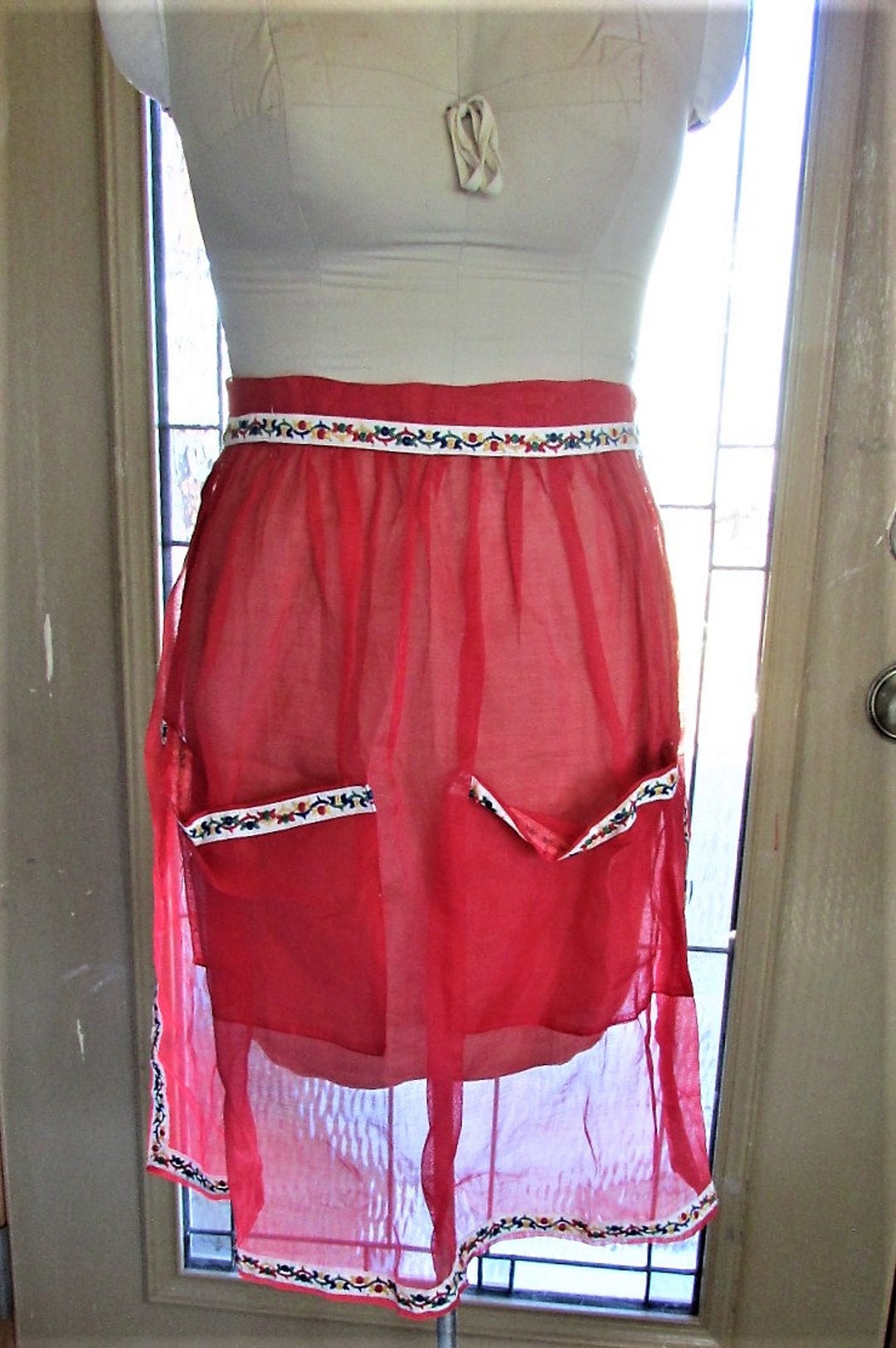 Vintage 1950's Apron Half Apron Red Cotton Organdy Sheer W Colorful ...