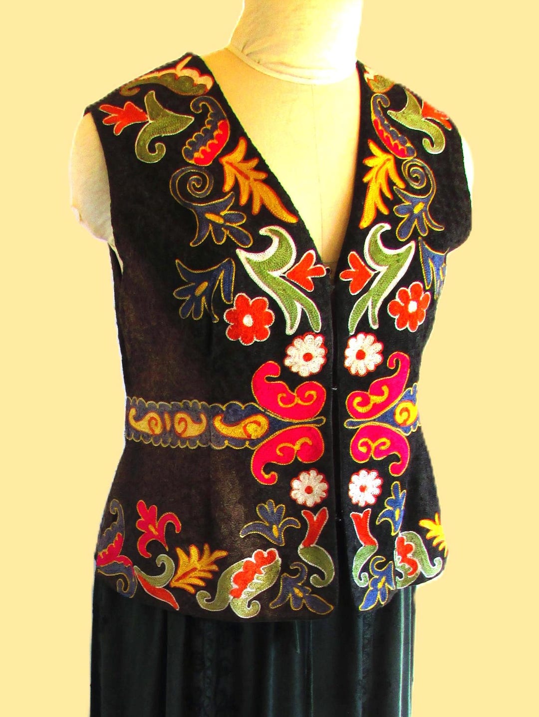 Vintage 1970's 80's Vest Nepal Embroidery Multi-color Leaves & Flowers ...
