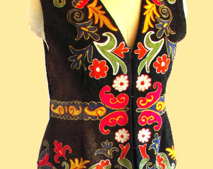 Vintage 1970's 80's Vest Nepal Embroidery Multi-color Leaves & Flowers ...