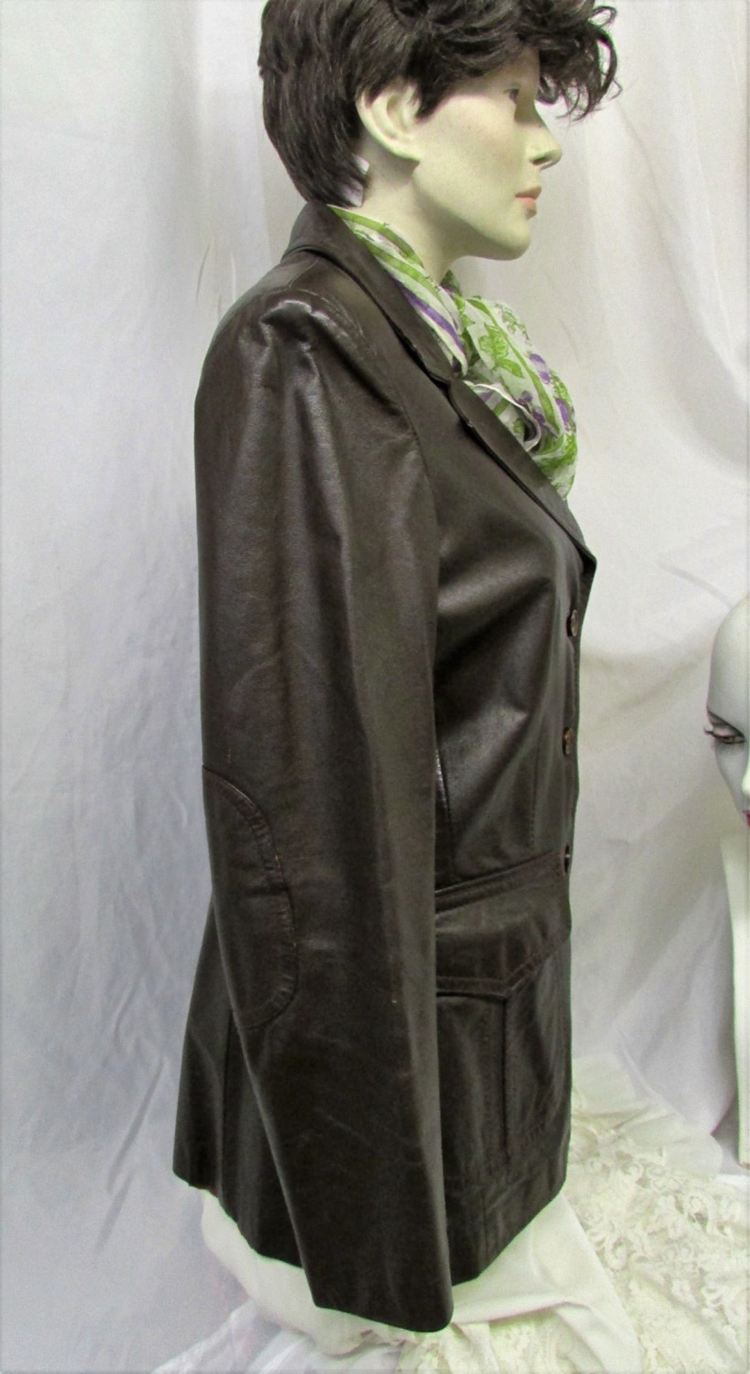 Vintage 1970's 80's Coat Leather Jacket Brown Carla Label Patch Elbow ...