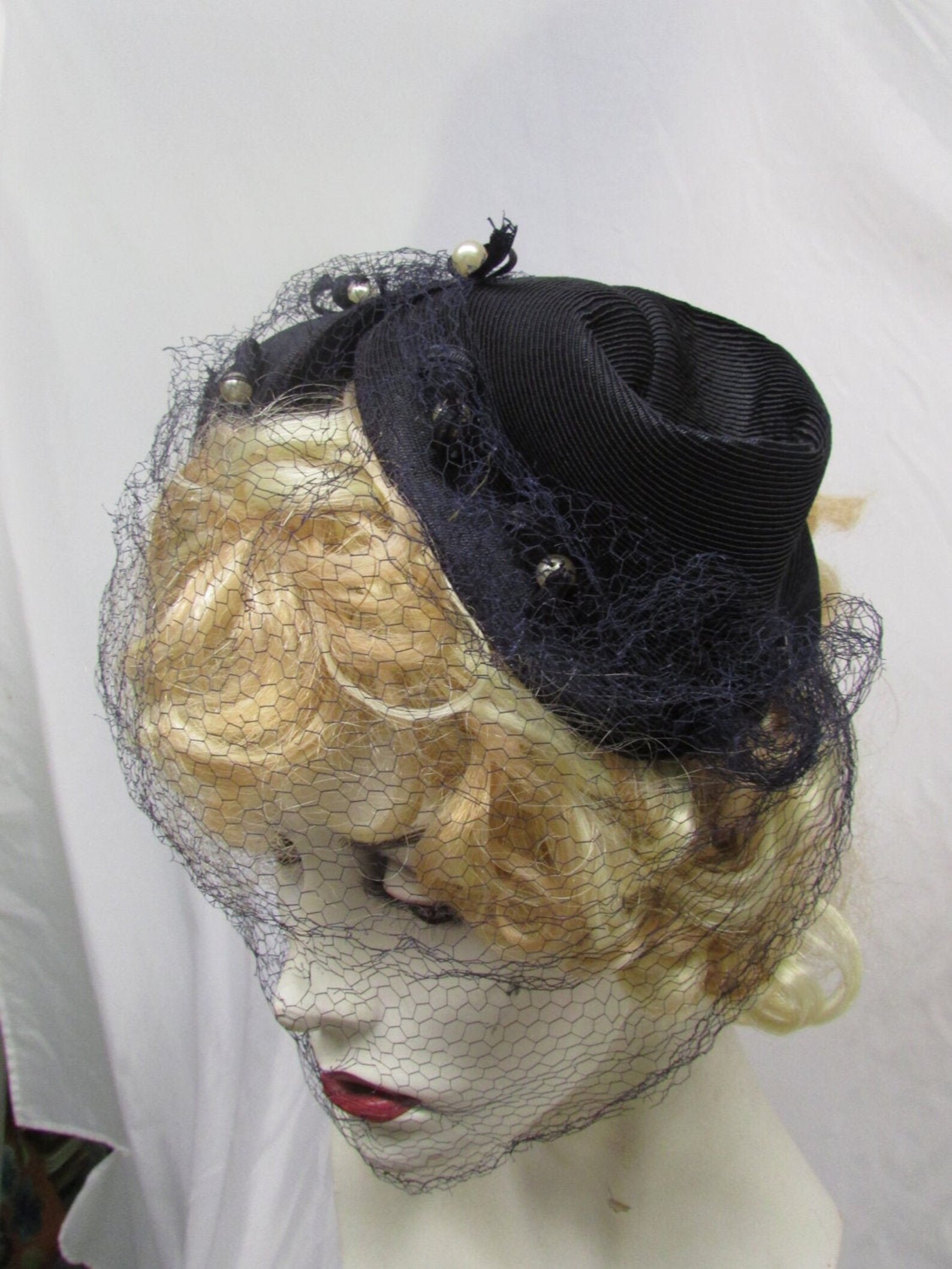 Vintage 1930's 1940's Hat Navy Blue Hat w Veil Chaplet | Etsy
