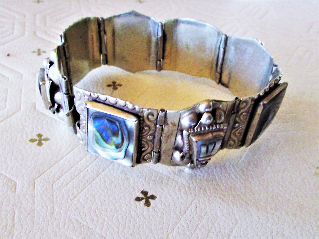 Vintage 1940's 50's Bracelet Cuff Mexican Panel Bracelet Abalone ...