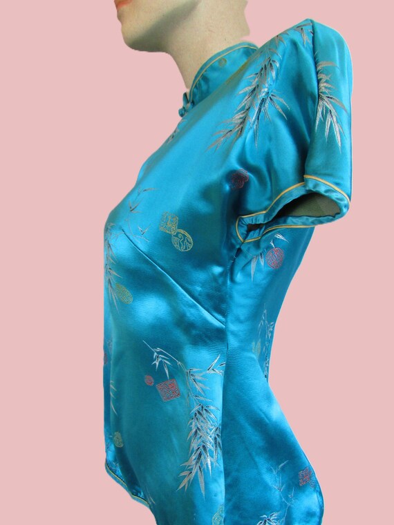 Vintage 1960's Top Chinese Silk Brocade Peacock Blue … - Gem