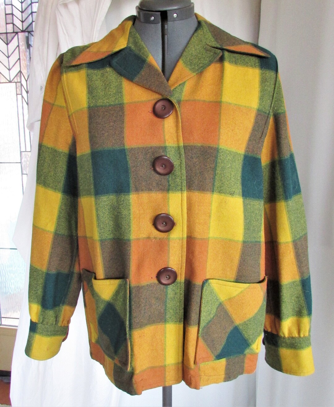 Vintage 1940's 50's Pendleton Jacket 49'ers Jacket Overshirt Windowpane Check in Green & Harvest ...