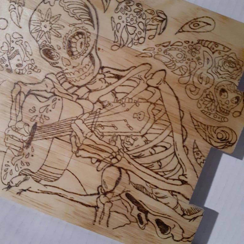 Hand Drawn Woodburning/pyrography Plaque - Skeleton Playing Guitar - Etsy