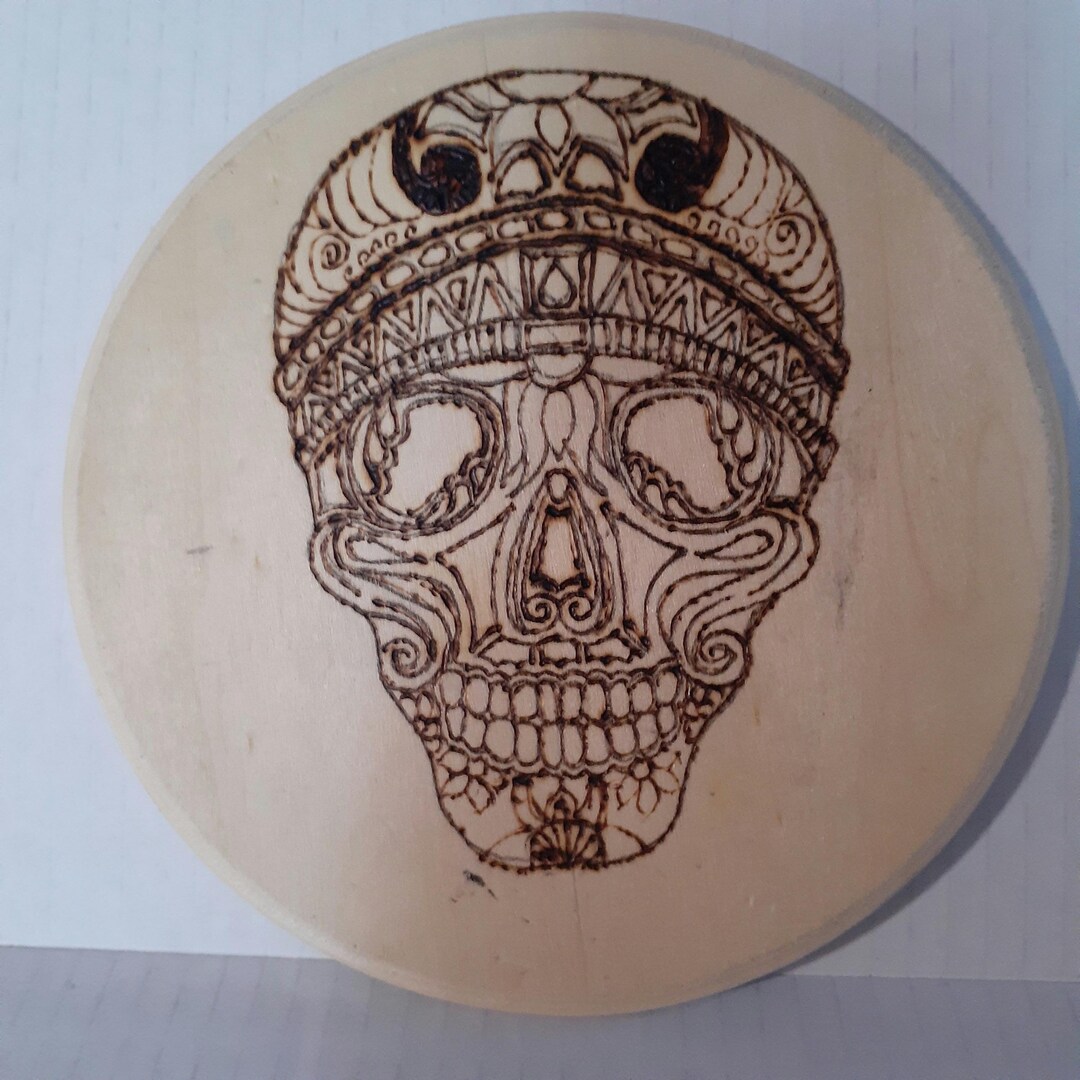 Hand Drawn Woodburning/pyrography Plaque - Ornate Skull - Etsy