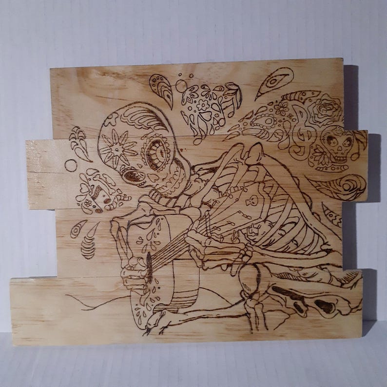 Hand Drawn Woodburning/pyrography Plaque - Skeleton Playing Guitar - Etsy