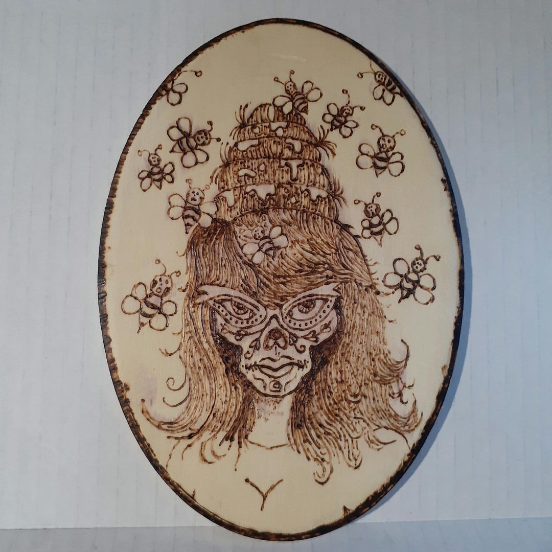 Hand Drawn Woodburning/pyrography Plaque - Angry Skeleton Bones Bear - Etsy