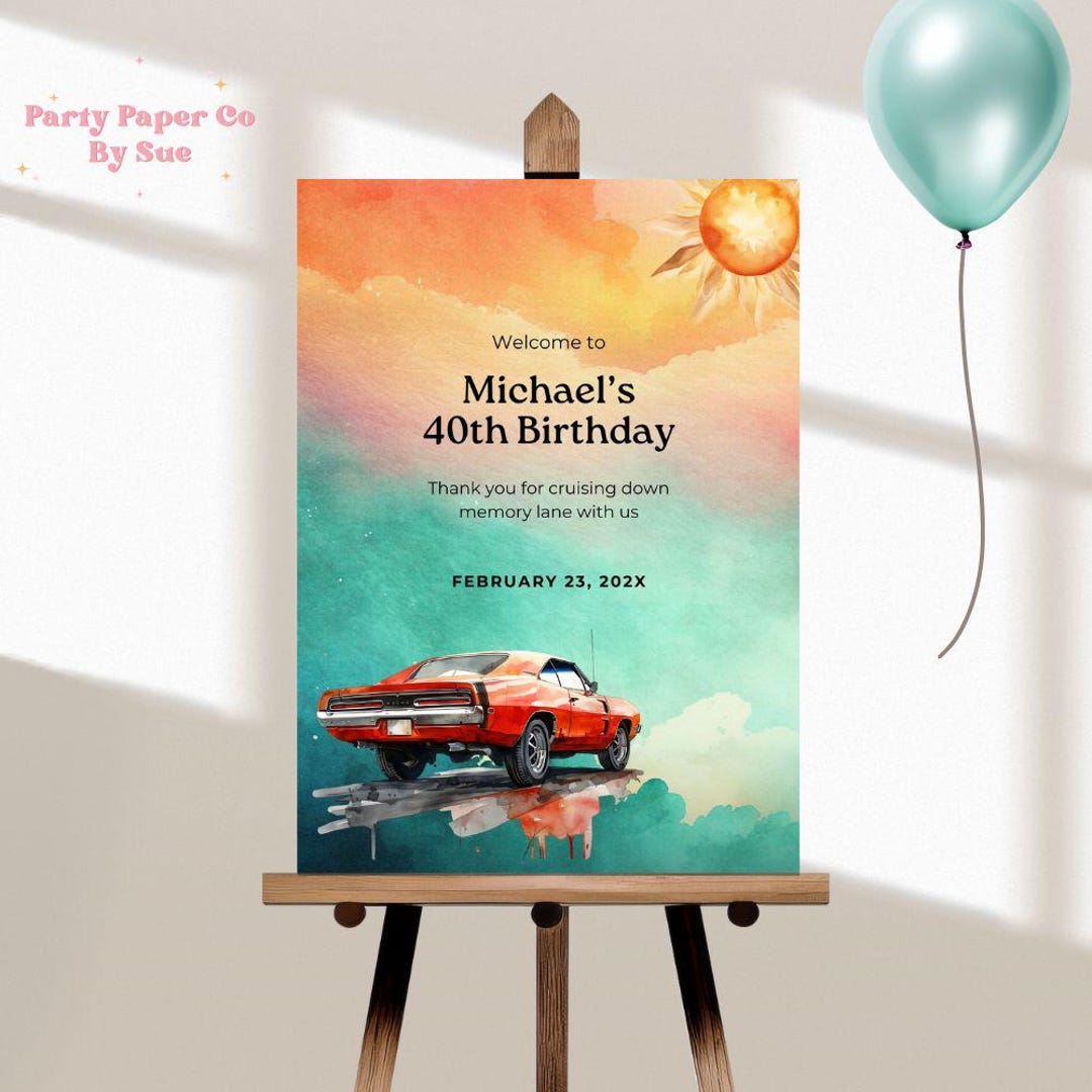 Welcome Sign Template Muscle Car Milestone 40 Birthday INSTANT DOWNLOAD ...